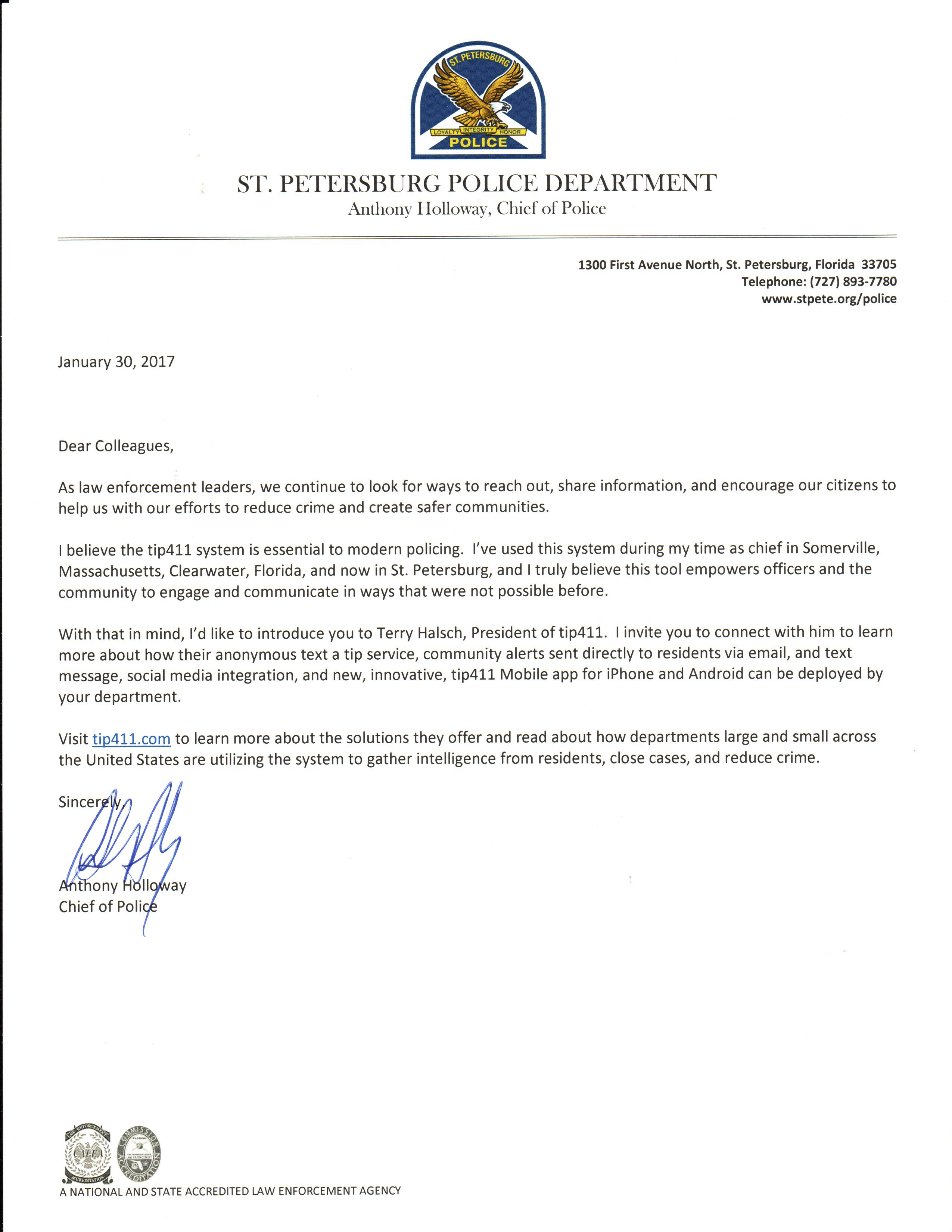 Chief Anthony Holloway Calls tip411 "essential to modern policing" - tip411