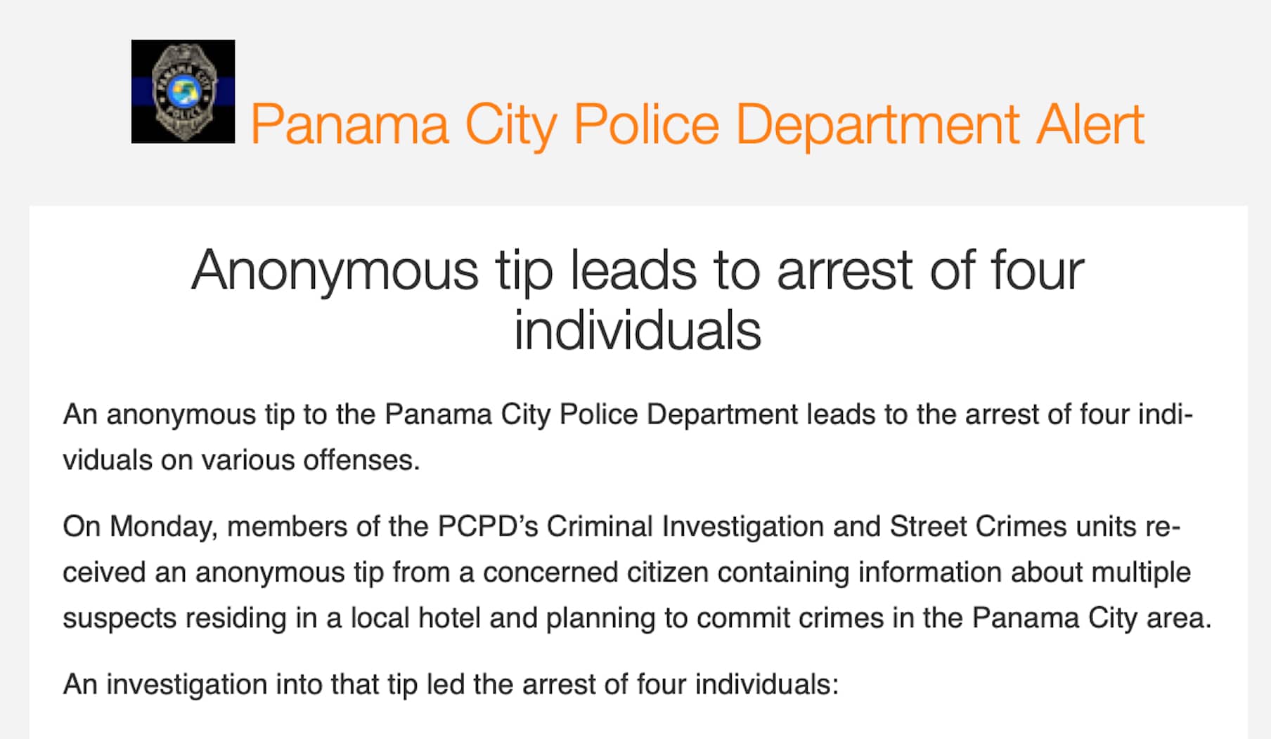 Anonymous Tip Sent to Panama City PD Leads to Arrest of Four Individuals